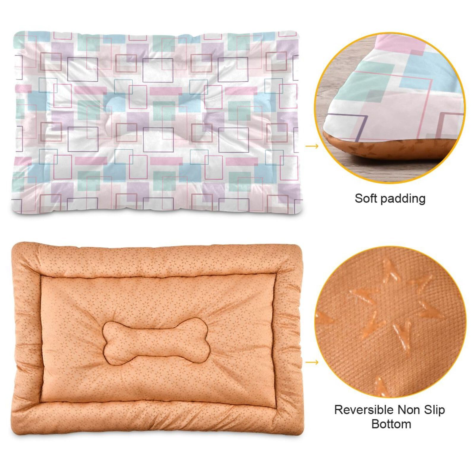 Coikll Pastel Square Pet Bed Pad Soft Dog Bed Mat with Anti-Slip Bottom, Machine Washable Crate Pad Mattress for Dog Sleeping- 24 * 18inches
