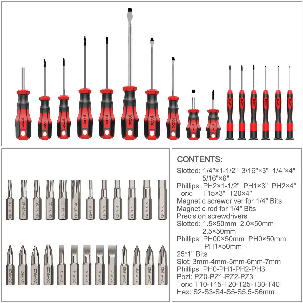XOOL 42PCS Magnetic Screwdriver Set with Tray, Torx Phillips Flat Hex Pozi Non-Slip Magnetic Tips Screwdriver Set