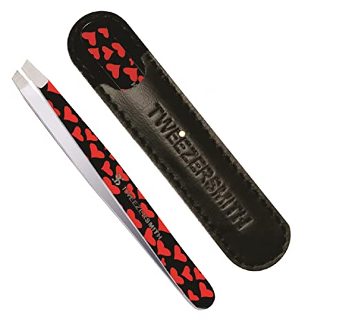 Tweezersmith Professional Tweezers for Eyebrow | Slant Tip Tweezer | Eyebrow Tweezers | Best Tweezers for Hair Plucking | Tweezers for Chin Hair | Tweezer for Men and Women (Red Heart)