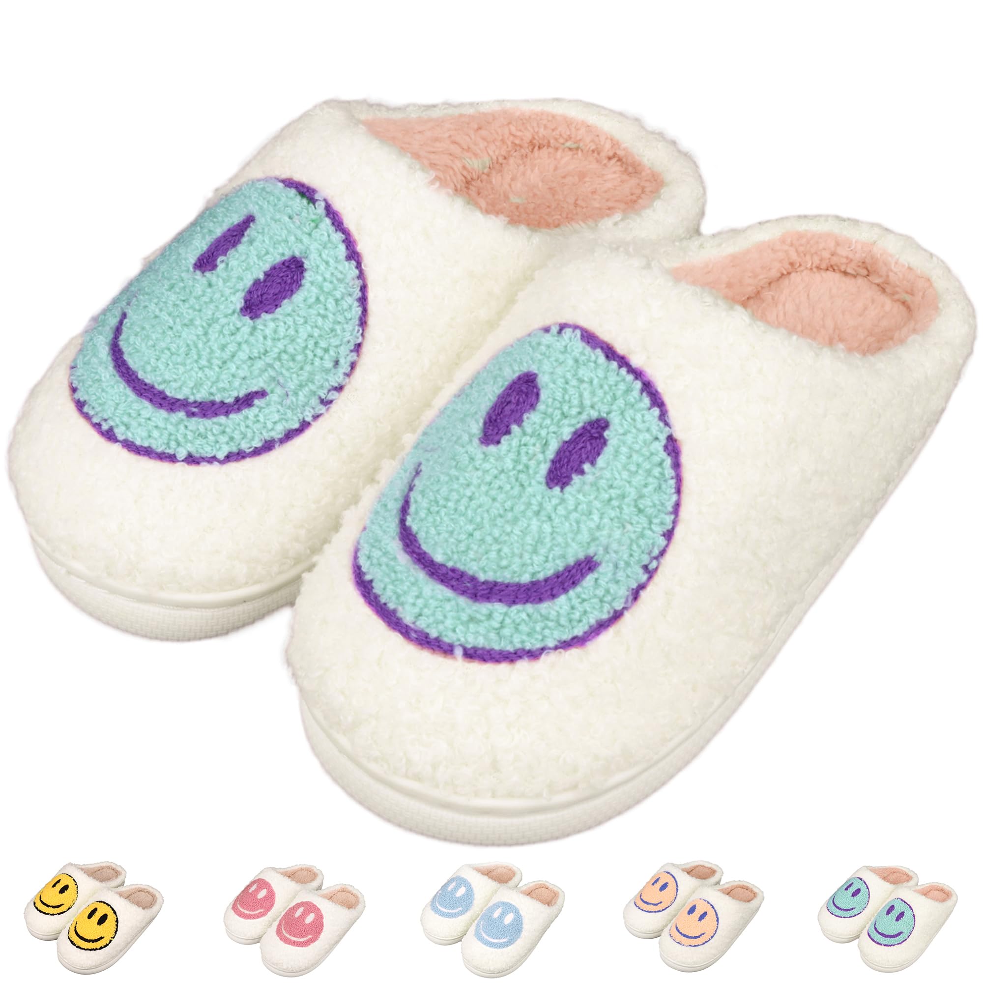 ZICKYO Kids Slippers Boys Cute Happy Face House Slippers Warm Soft Plush Non-Slip Indoor Outdoor Slip-on Shoes White Green Purple 2-2.5 Little Kid
