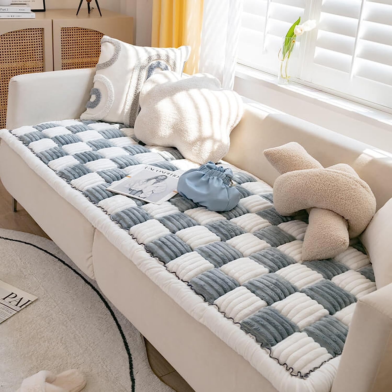 Zlimpty Cream-Coloured Large Plaid Square Pet Mat Bed Couch Cover, Couch Cover, 2023 New Machine Washable Garden Chic Cotton Protective Couch Cover (Grey,27.6x59.06 in)