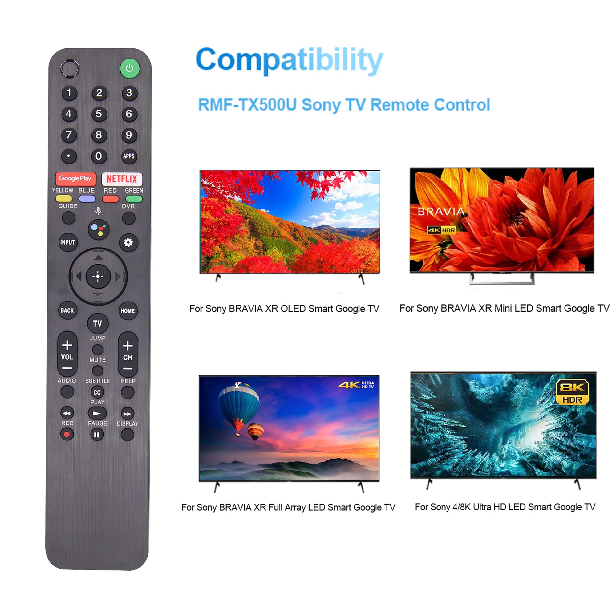 MYHGRC RMF-TX500U Voice Remote Control fit for Sony Smart TV Replacement Sony Voice Remote for All Sony Bravia LED OLED LCD 4K UHD HDTV HDR TV, with Google Play Netflix Button …