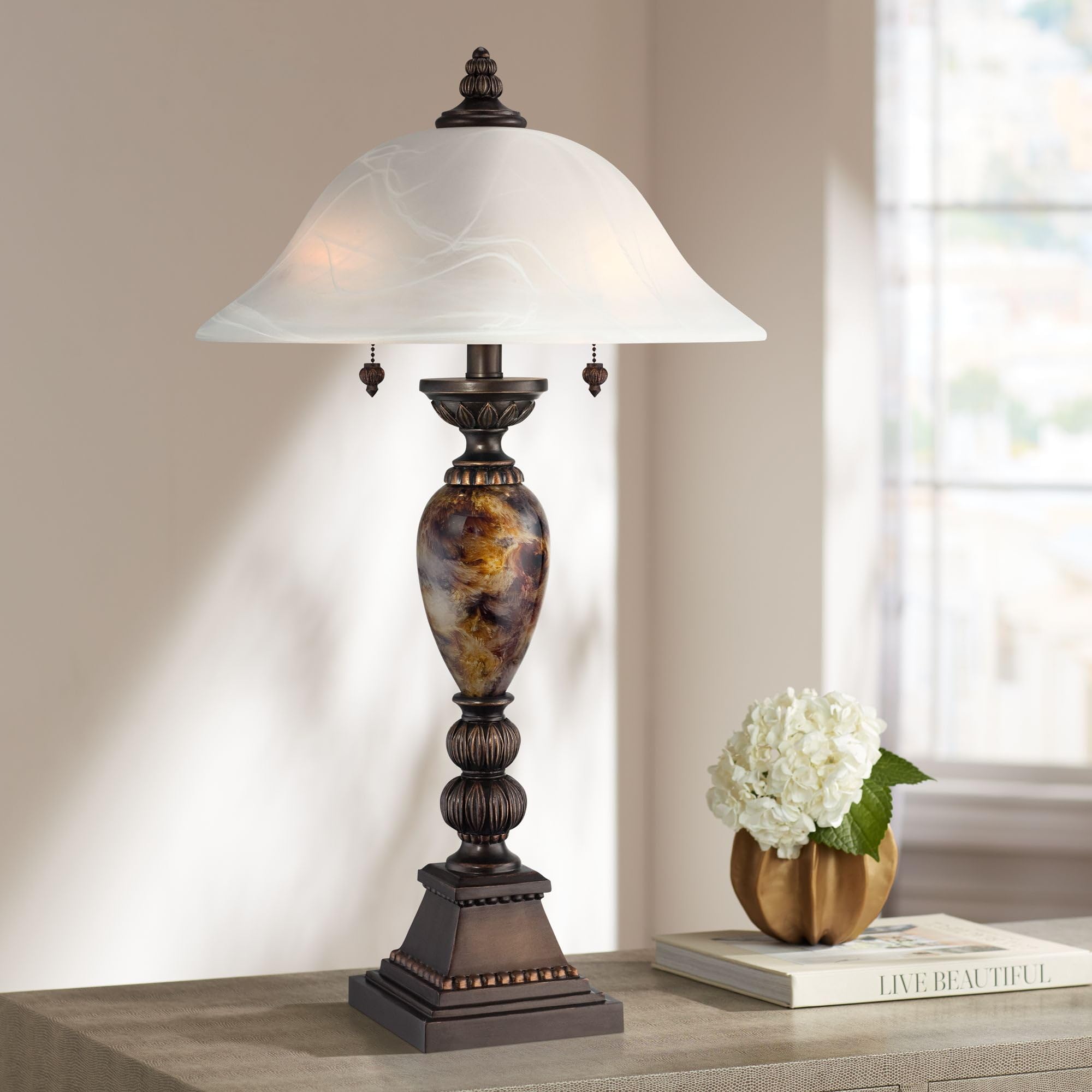KDIOR Alabaster Traditional Table Lamp 27" Tall Aged Bronze Marble White Alabaster Glass Dome Shade for Bedroom Living Room Bedside