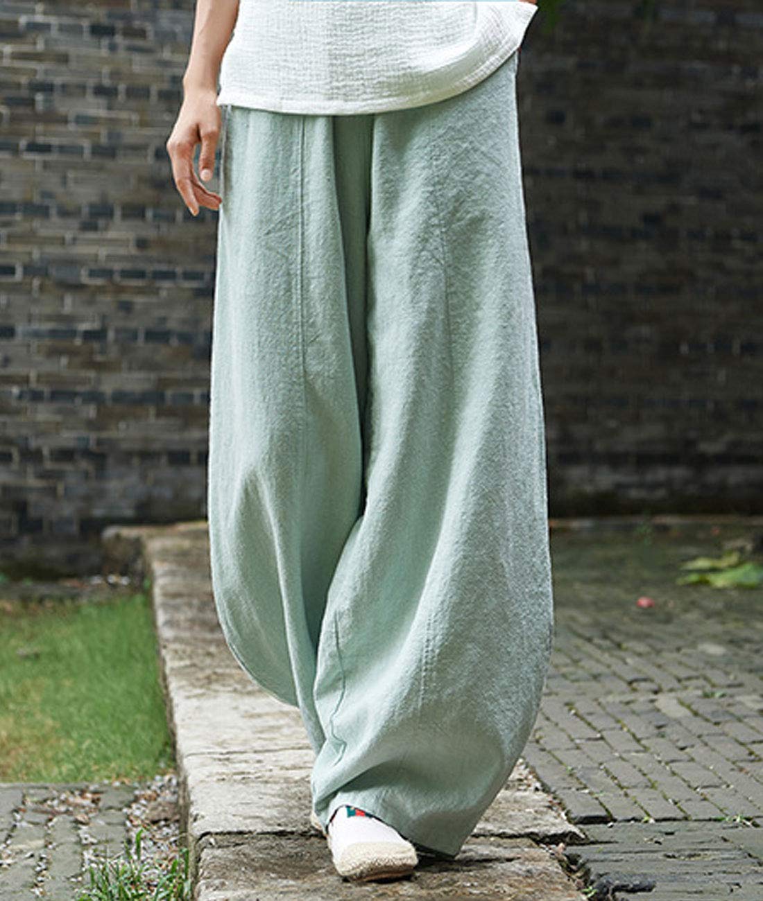 IXIMO Women's Casual Cotton Linen Baggy Pants with Elastic Waist Relax Fit Lantern Trousers Green XL