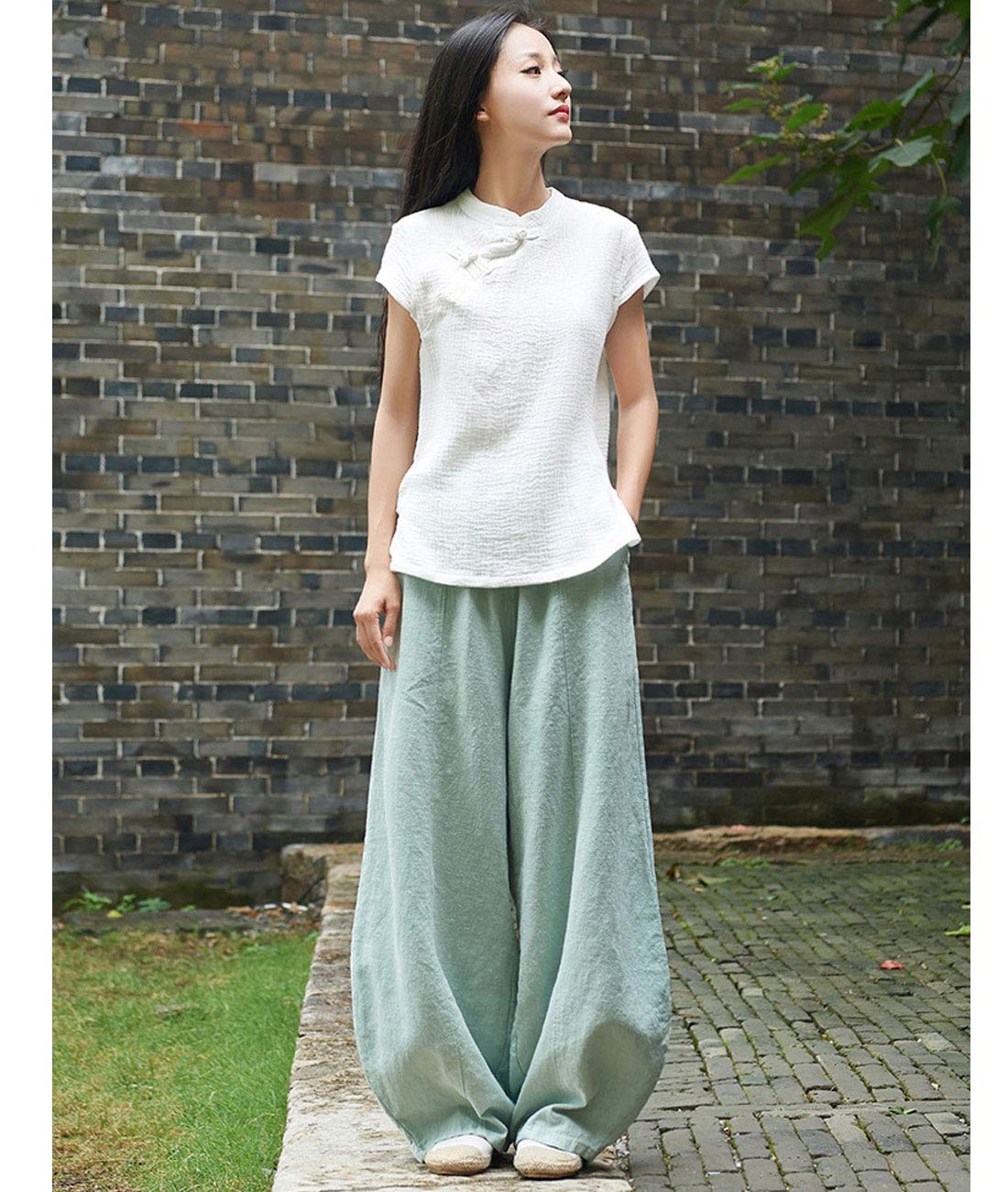 IXIMO Women's Casual Cotton Linen Baggy Pants with Elastic Waist Relax Fit Lantern Trousers Green XL