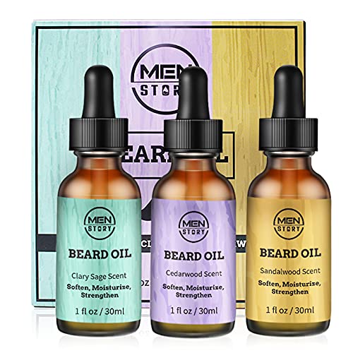 MENSTORY Beard Growth Oil 3 Scent Pack, Cedarwood, Sandalwood, and Sage, Moisturizing, Softening, Beards & Mustaches Facial Hair Growth oil for Men, Beard Gifts for Man Dad Father Boyfriend (3 fl oz total)