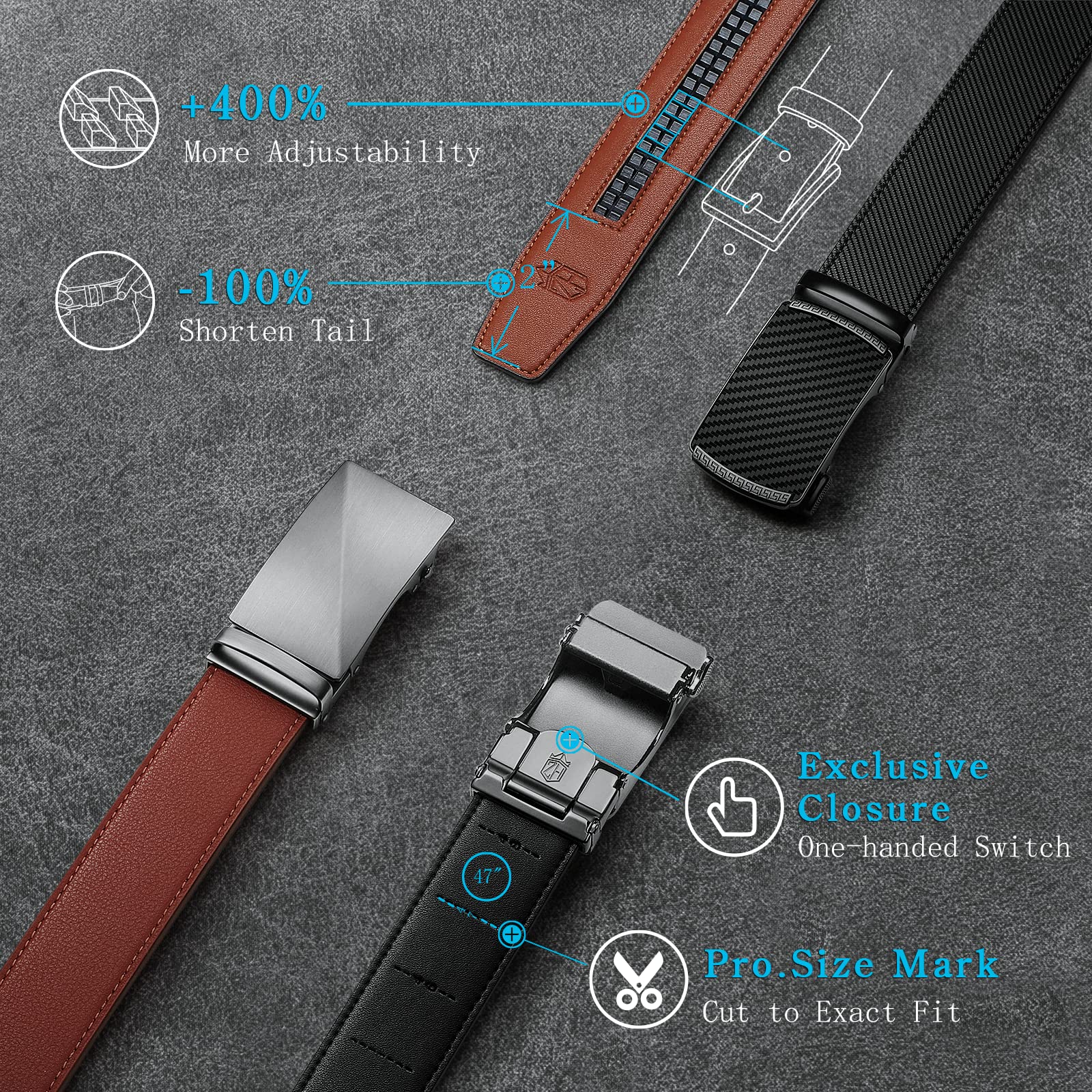 Zitahli Belt Men, Ratchet Belt Dress with 1 3/8" Premium Leather,Slide Belt with Easier Adjustable Automatic Buckle,Trim to Fit Size 40"-46"
