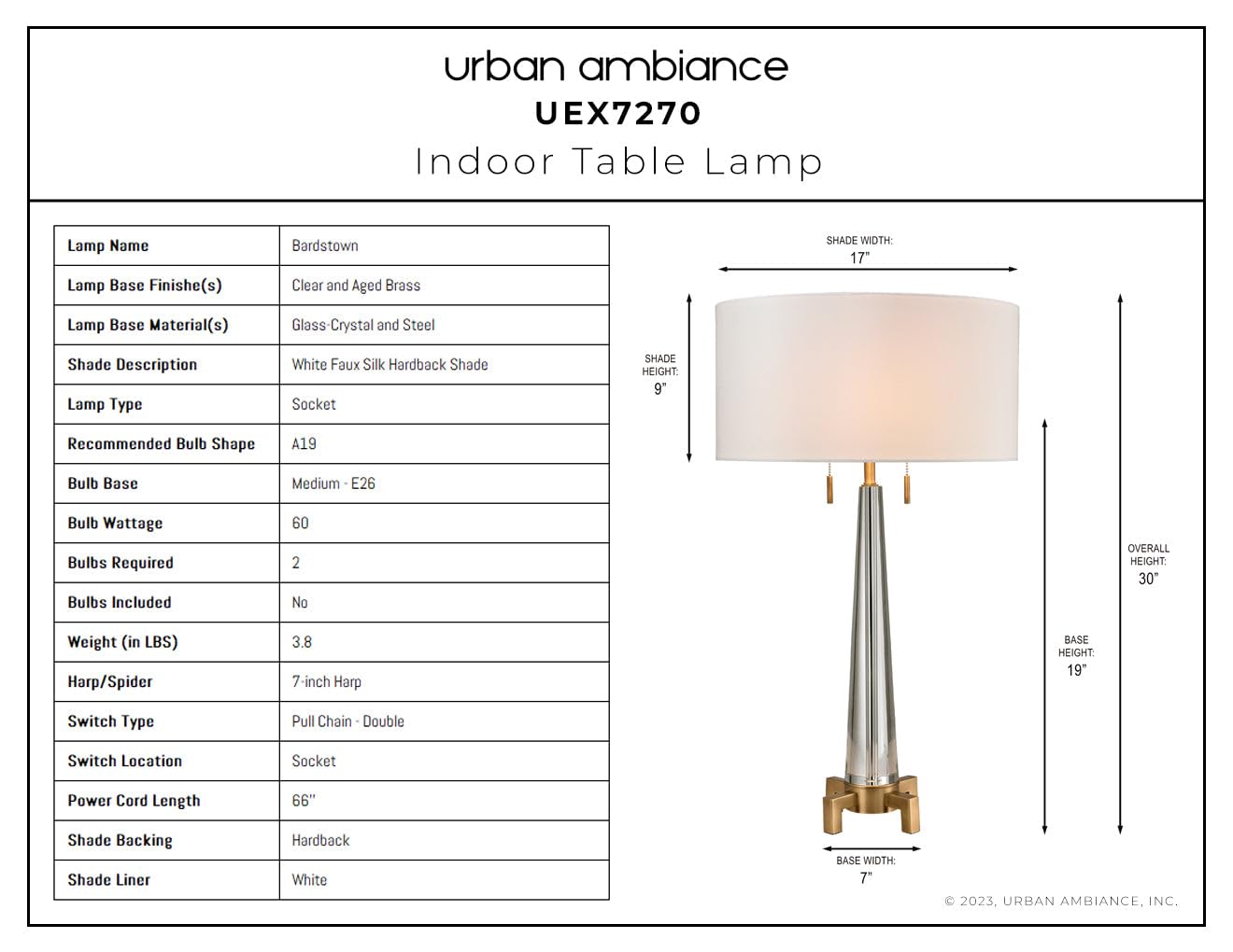 Urban Ambiance Luxury Contemporary Table Lamp, 17''W x 17''D x 30''H, with Minimalist Elements, Clear and Aged Brass Finish and a White Faux Silk Hardback Shade, UEX7270