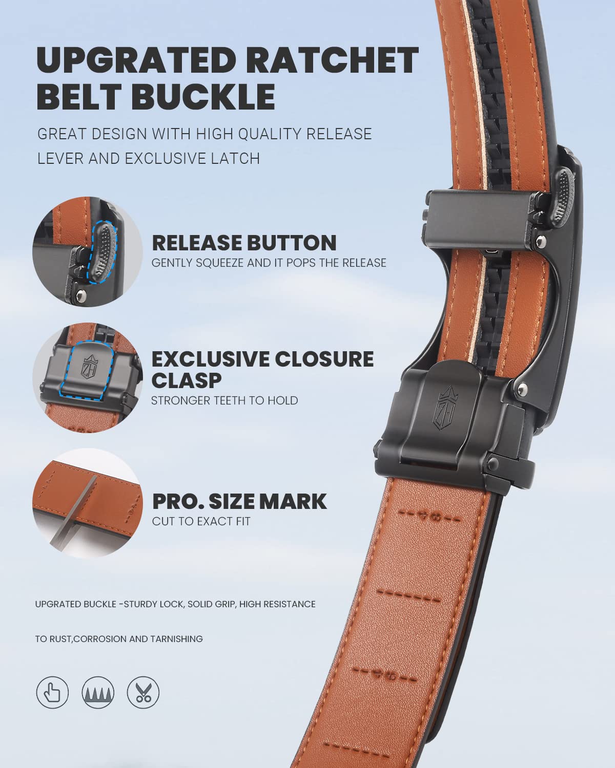 Zitahli Belt Men, Ratchet Belt Dress with 1 3/8" Premium Leather,Slide Belt with Easier Adjustable Automatic Buckle,Trim to Fit Size 40"-46"