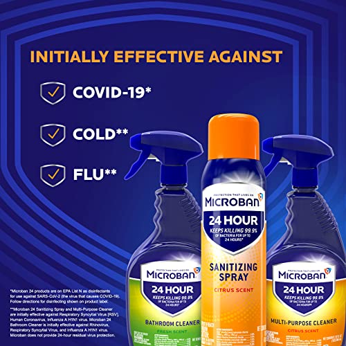 Microban Disinfectant Spray, Travel Size 24 Hour Sanitizing Spray, Citrus Scent, 4 Count (2.8oz Each)