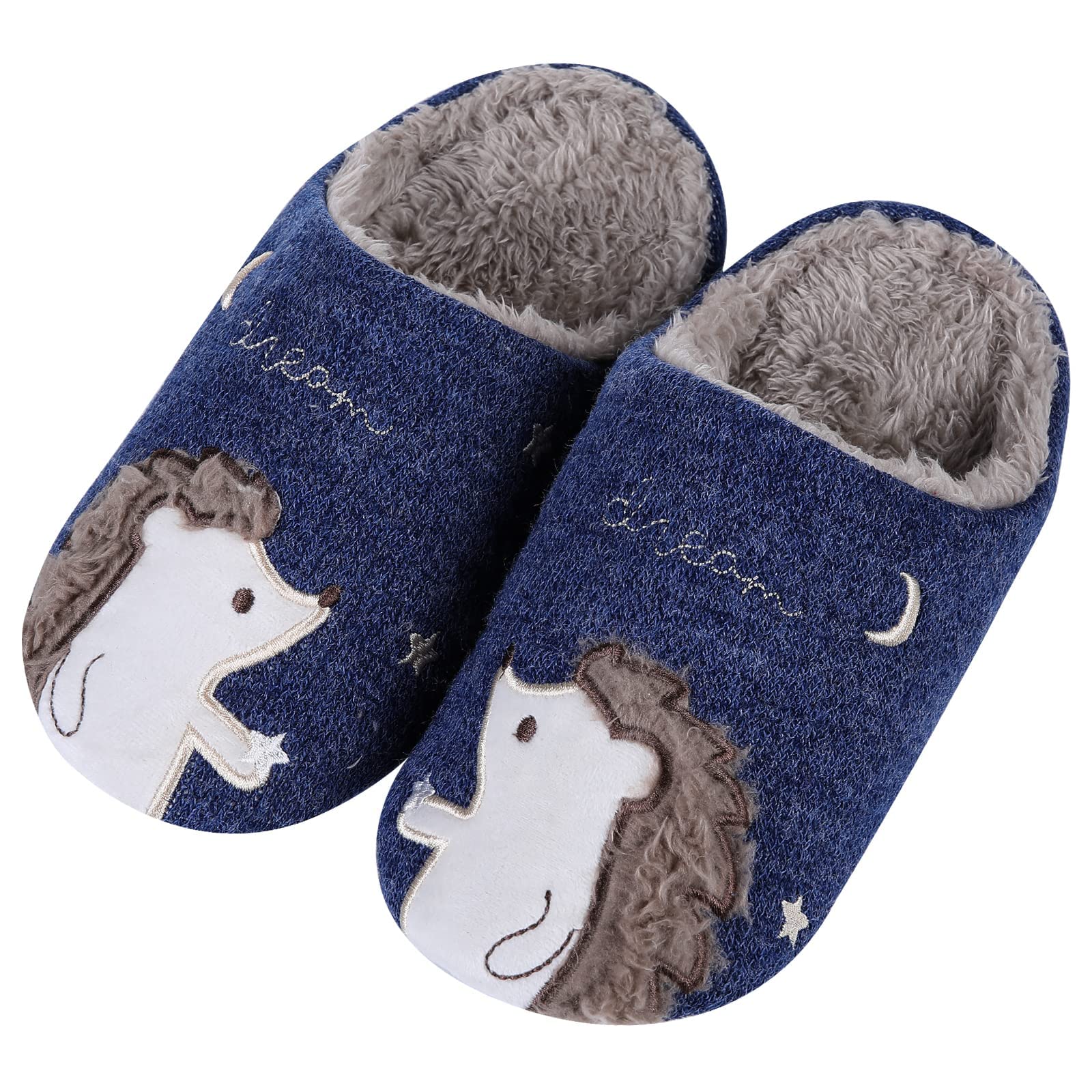 shevalues Fur Lined Animal Slippers for Kids Cute Girls Boys Unicorn Hedgehog House Shoes Fuzzy Embroidered Indoor Slippers Women, Navy Hedgehog, Size 1-1.5 Little_kid