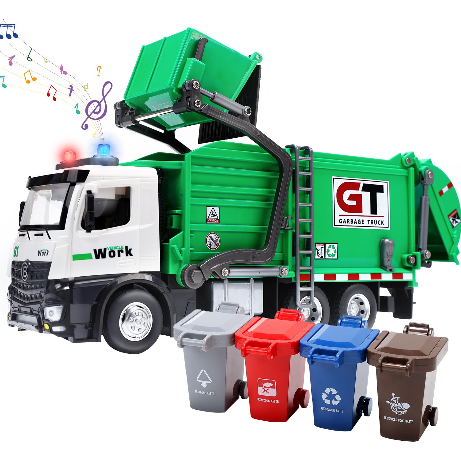 HOLYFUN Garbage Truck Toys Trash Truck with Sound and Light, Friction Powered Truck with 5 Garbage Cans, Push and Go Pull Back Car, for Boys