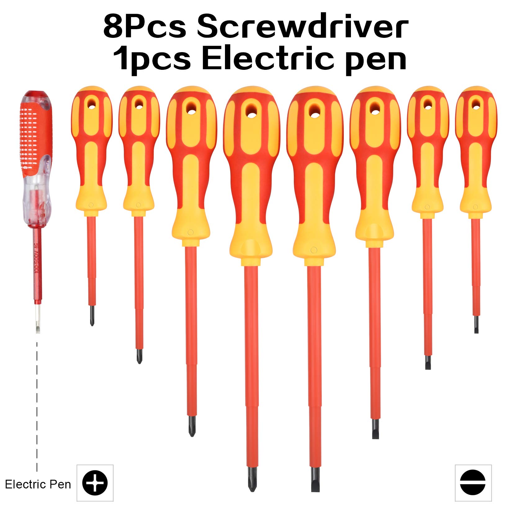 uoboeuq 9 Piece 1000V Insulated Electrician Screwdrivers Set with Magnetic Tips, Slotted and Phillips Bits Non-Slip Grip, with 1 Test pen Electrical screwdriver set
