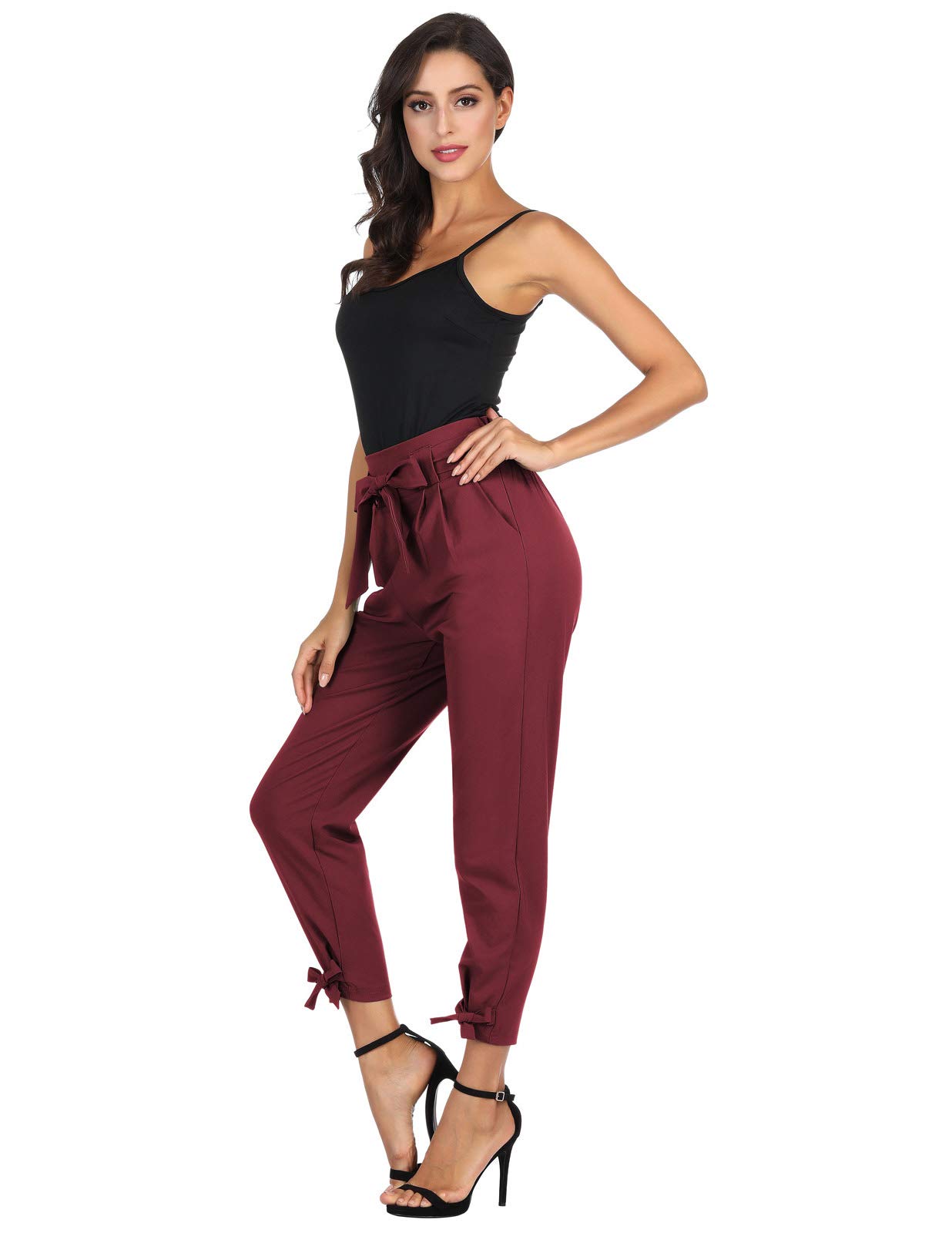GRACE KARIN Womens Casual High Waist Pencil Pants with Pockets Bow-Knot Cropped Paper Bag Pants for Work Wine L