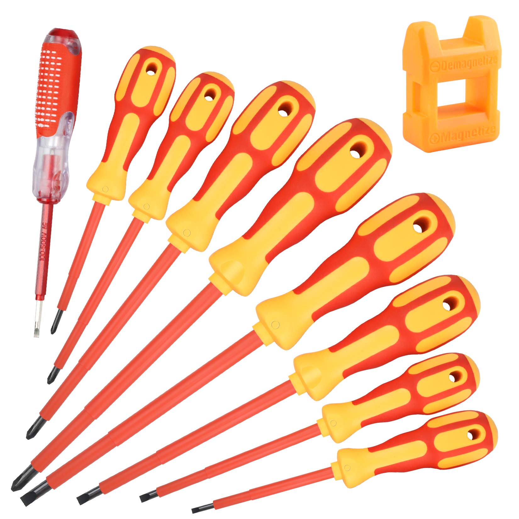 uoboeuq 9 Piece 1000V Insulated Electrician Screwdrivers Set with Magnetic Tips, Slotted and Phillips Bits Non-Slip Grip, with 1 Test pen Electrical screwdriver set