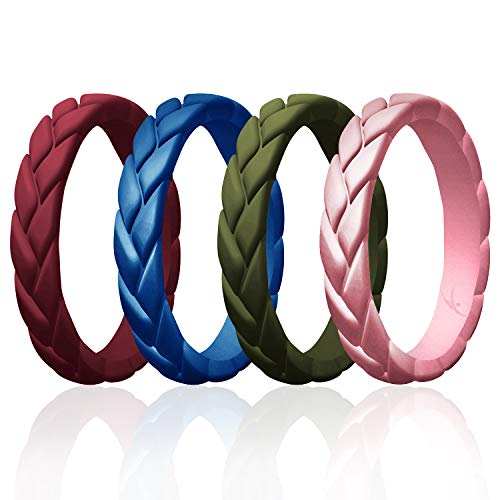 ROQ Silicone Rings for Women Multipack of 4 Womens Silicone Rubber Wedding Rings Bands Flame Leaves - Maroon, Metal Blue, Dark Green, Metal Pink Colors - Size 7