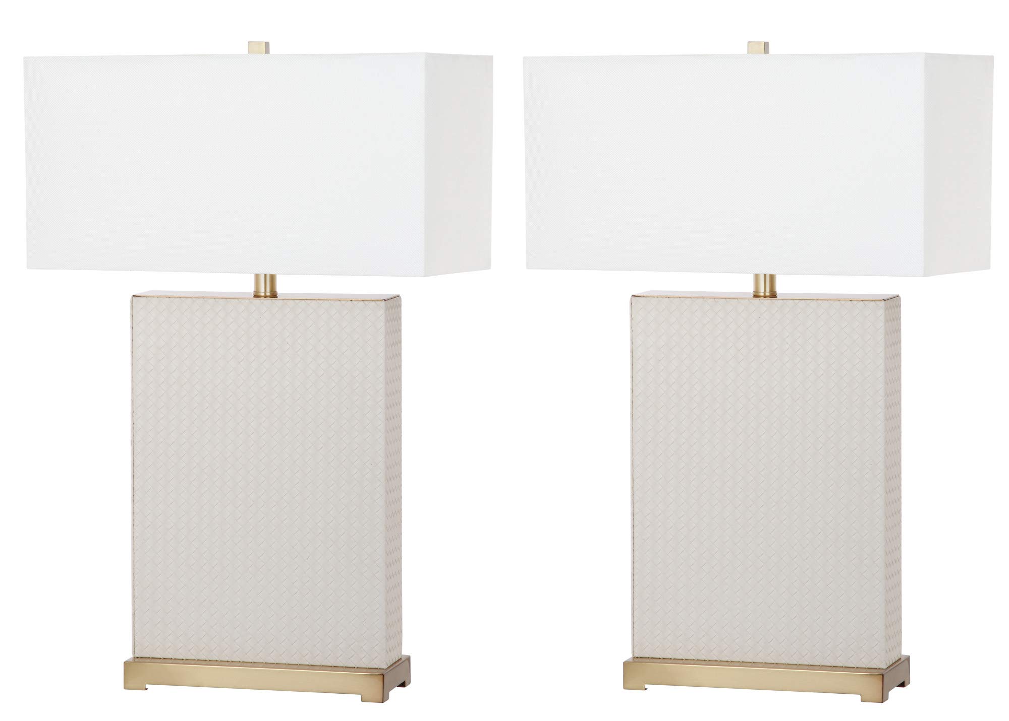 SAFAVIEH Lighting Collection Joyce Modern Art Deco Cream Faux Woven Leather Rectangle Shade 28-inch Bedroom Living Room Home Office Desk Nightstand Table Lamp Set of 2 (LED Bulbs Included)