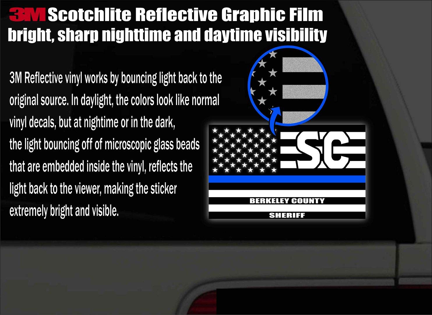 Reflective Berkeley County South Carolina SC Thin Blue Line Stealthy Old Glory USA Flag | Honoring Law Enforcement Officers Sheriffs | County State Decal Bumper Sticker 3M Vinyl 3" x 5"