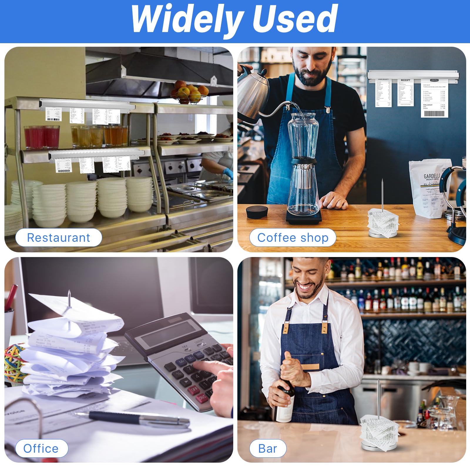 Elesunory 4 Pcs Ticket Holder for Restaurant, Receipt Holder for Restaurant, Keep Orders Organized, 16 in Sliver Aluminum Slide Check Rack and 5.5 in Receipt Spike for Kitchen Office Cafes Bar