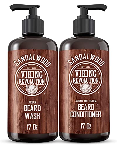 Beard Wash & Beard Conditioner Set w/Argan & Jojoba Oils - Softens & Strengthens - Natural Sandalwood Scent - Beard Shampoo w/Beard Oil (17 oz)