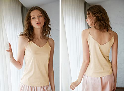 Wantschun Women's Silk Satin Camisole Cami Plain Strappy Vest Top T-Shirt Blouse Tank Shirt V-Neck Spaghetti Strap US Size L ; Champagne