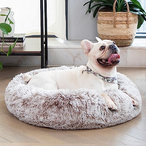 Calming Dog Bed, Donut Anti Anxiety Cat Bed, Round Fluffy Plush Faux Fur Pet Bed, 27 Inch Dog & Cat Cuddler Bed, Anti Slip Waterproof Mute Base, Khaki Gradient