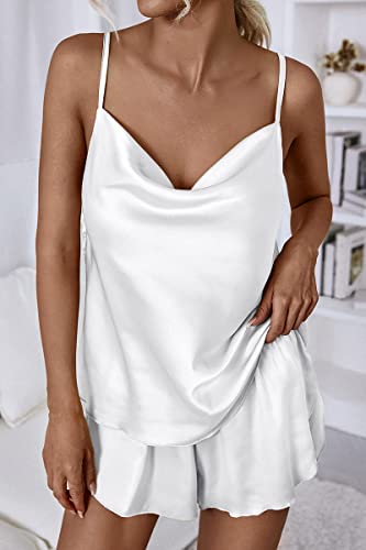 CHYRII Women's Sexy Silk Satin Cowl Neck Pajamas Sets Bridesmaid Pajamas Cami PJ Sets Lingerie White S