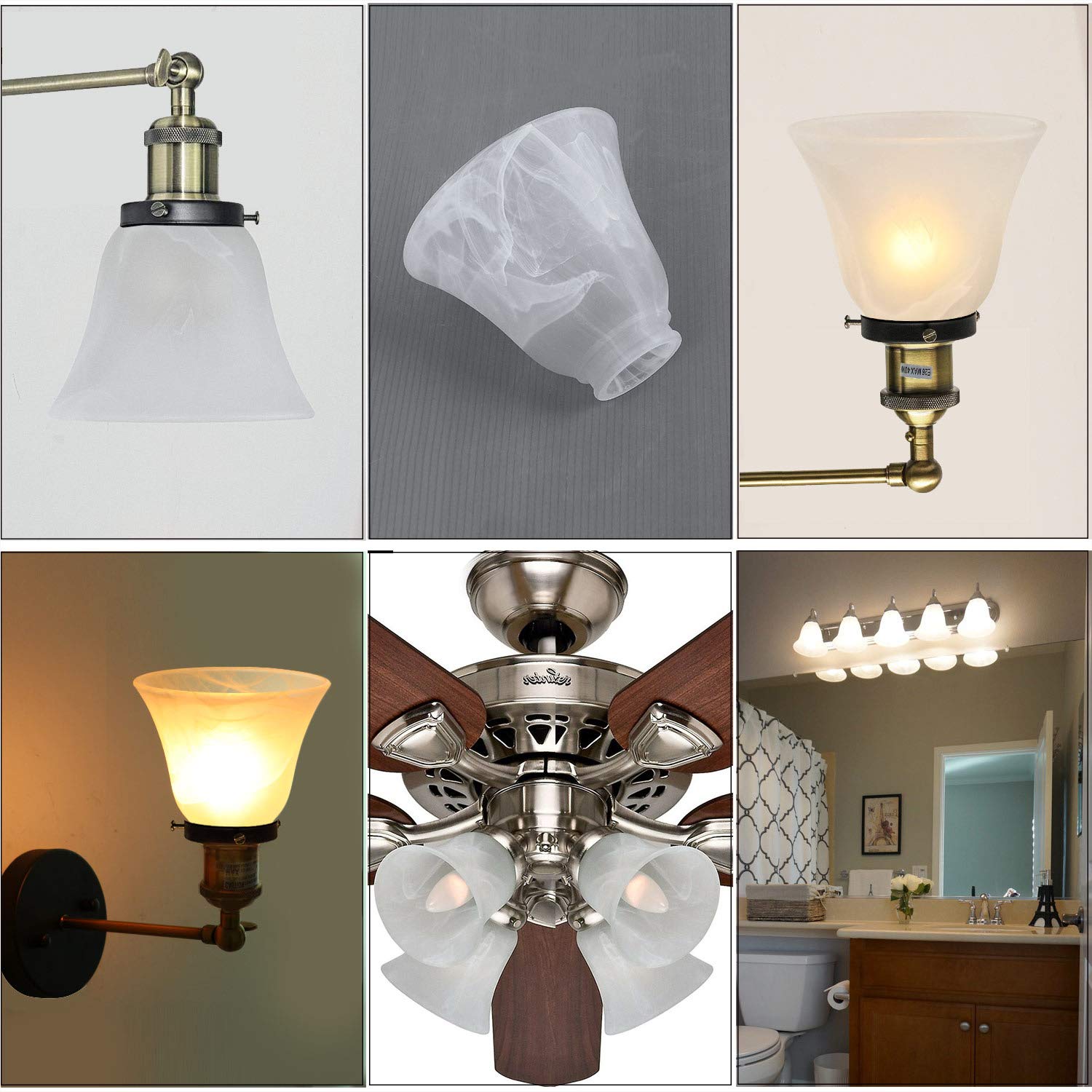 Anmire 3 Pack Alabaster Glass Shade, Bell Shaped Light Fixture Replacement Globe or Cover with 2-1/8-Inch Fitter for Ceiling Fan Light Chandelier Wall Sconce G0106-Bell Frosted Glass Shade 3 Pack