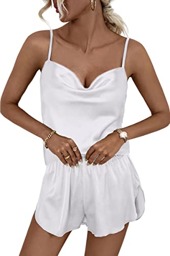 CHYRII Women's Sexy Silk Satin Cowl Neck Pajamas Sets Bridesmaid Pajamas Cami PJ Sets Lingerie White S