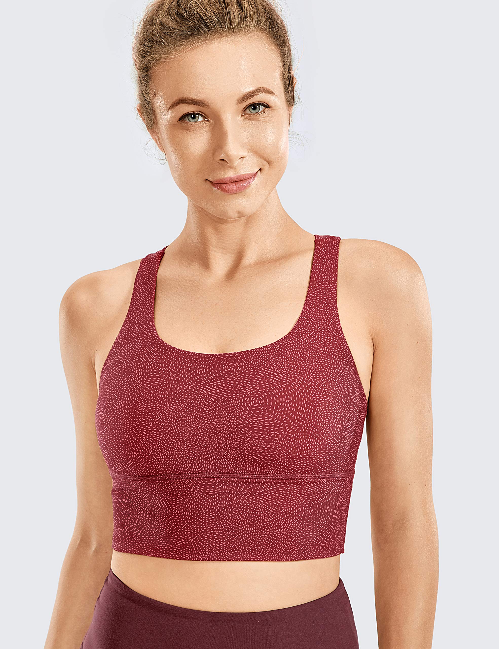 CRZ YOGA Women's Strappy Longline Sports Bras - Wirefree Padded Medium Impact Workout Crop Tank Top Impression Red Medium
