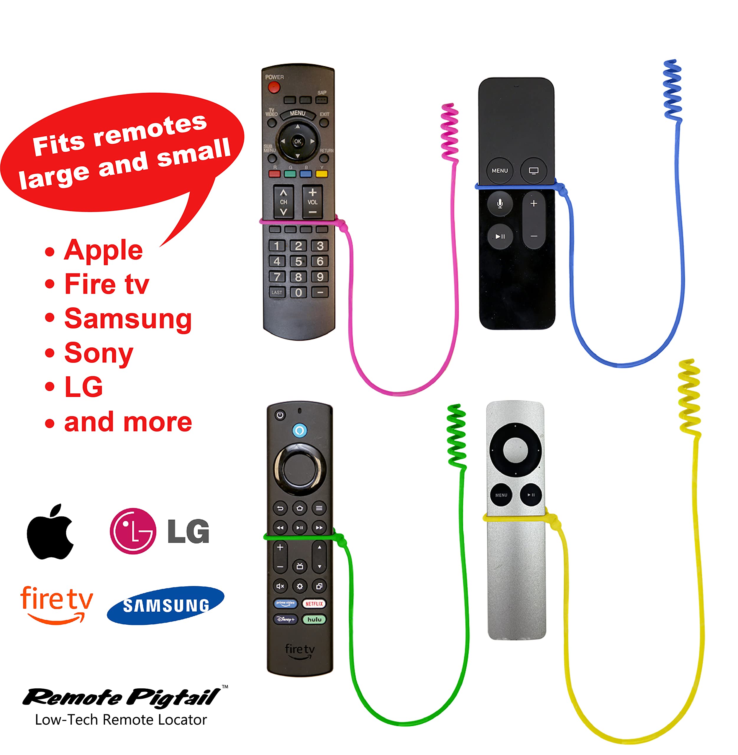 Silicone Remote Tether 4-Pack - Never Misplace Your Remote Again/Adjustable for Snug Fit/Fits Apple, Samsung, Sony, LG, Dyson & More β (2 Blue & 2 Red)