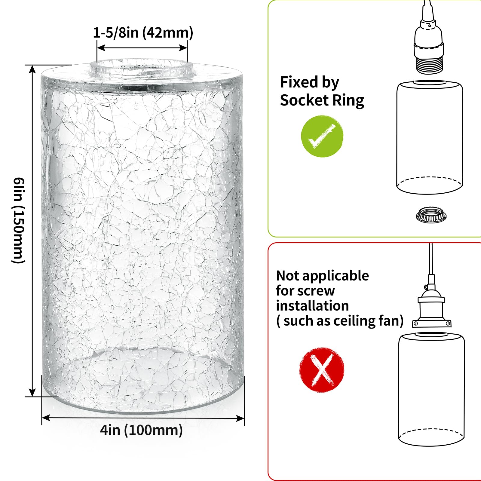 Skelang Clear Glass Shade, Light Shade with Crackle, Lampshade with 1-5/8" Fitter, Cylinder Replacement Shade for Pendant Light, Wall Sconce, Vanity Light, Table Lamp, Pack of 3