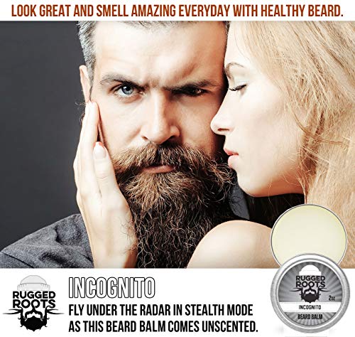 Beard Balm for Men by Rugged Roots - Hair Nourishing Beard Balm with Incognito(Unscented) for Healthy Beards - Encourage Strong Beard Growth and Strengthen Hair Unique Stocking Stuffer for Men