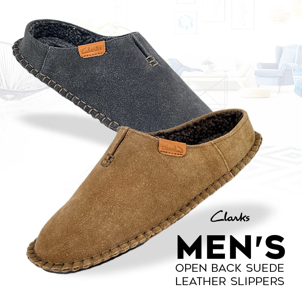 Clarks Mens Open Back Suede Leather Slipper With Heavy Stitching - Plush Sherpa Lining - Indoor Outdoor House Slippers For Men (10 M US, Grey)