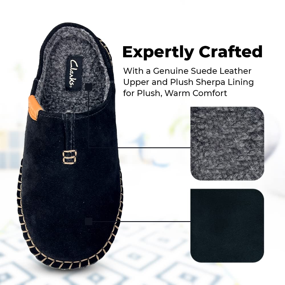 Clarks Mens Open Back Suede Leather Slipper With Heavy Stitching - Plush Sherpa Lining - Indoor Outdoor House Slippers For Men (10 M US, Grey)