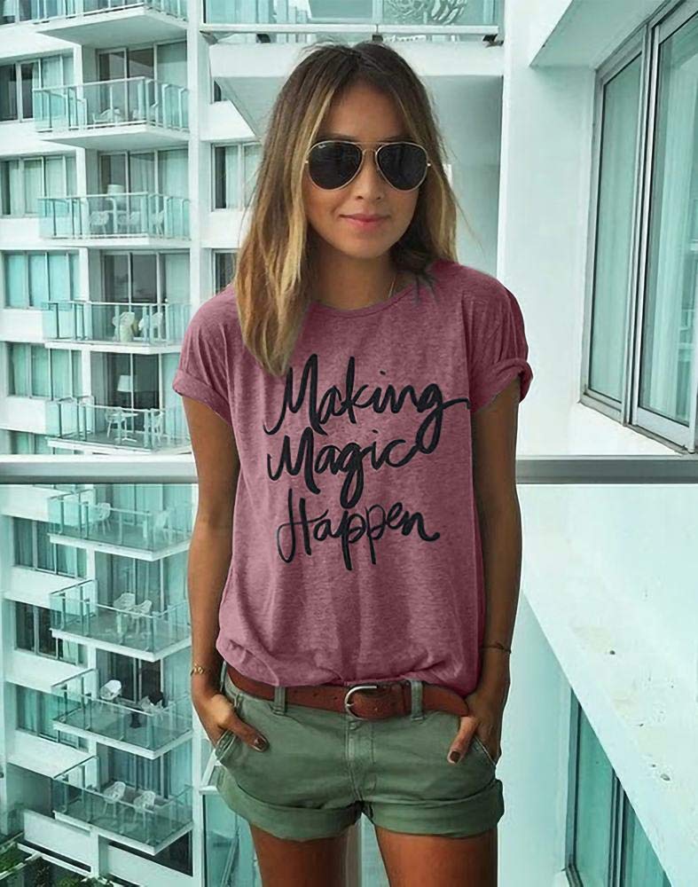 Making Magic Happen Shirt Women Short Sleeve Cute Funny Vacation Tee T-Shirt M Pink