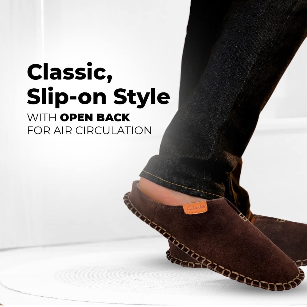 Clarks Mens Open Back Suede Leather Slipper With Heavy Stitching - Plush Sherpa Lining - Indoor Outdoor House Slippers For Men (10 M US, Grey)