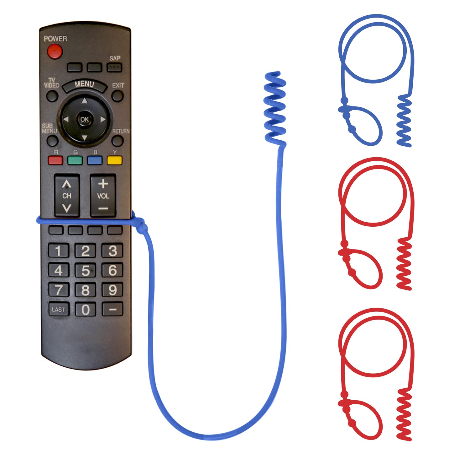 Silicone Remote Tether 4-Pack - Never Misplace Your Remote Again/Adjustable for Snug Fit/Fits Apple, Samsung, Sony, LG, Dyson & More – (2 Blue & 2 Red)