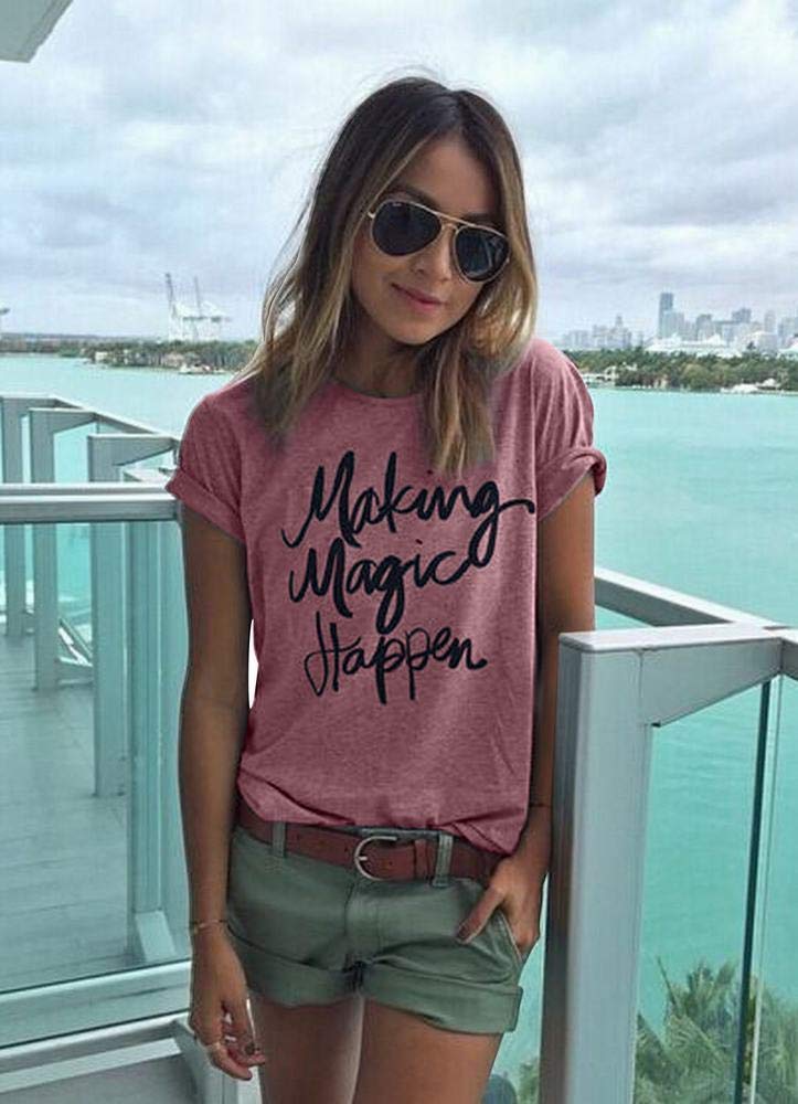 Making Magic Happen Shirt Women Short Sleeve Cute Funny Vacation Tee T-Shirt M Pink