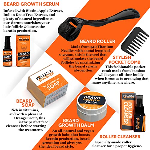 FOLLICLE BOOSTER Complete Beard Growth Kit - 6 in 1 - Coverup Your Patchy Beard in 12 Weeks - Roller, Serum Oil (1oz), Balm (1oz), Wash Soap, Cleanser and Comb