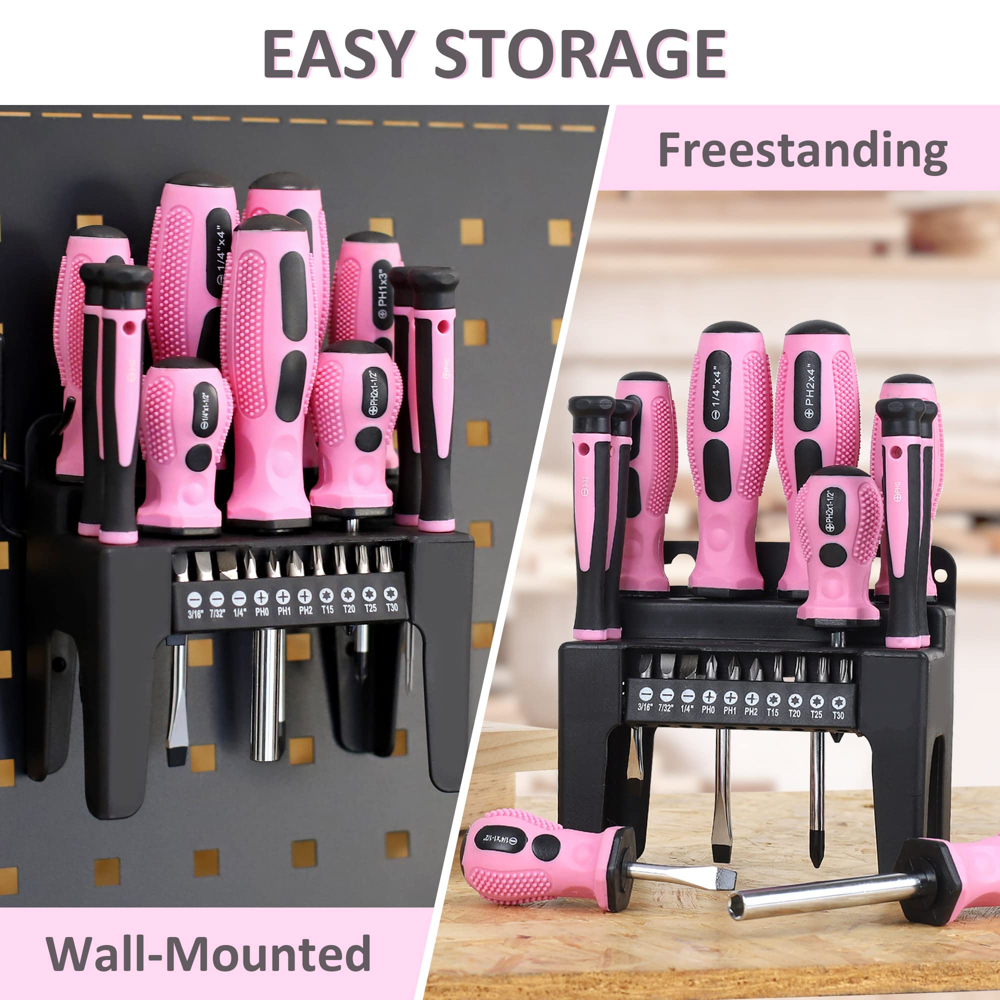 FASTPRO 21-Piece Magnetic Screwdrivers Set with Organizer Rack, Slotted Phillips Screwdrivers and Precision Screwdrivers, Repair Tool Kit for Women, Pink