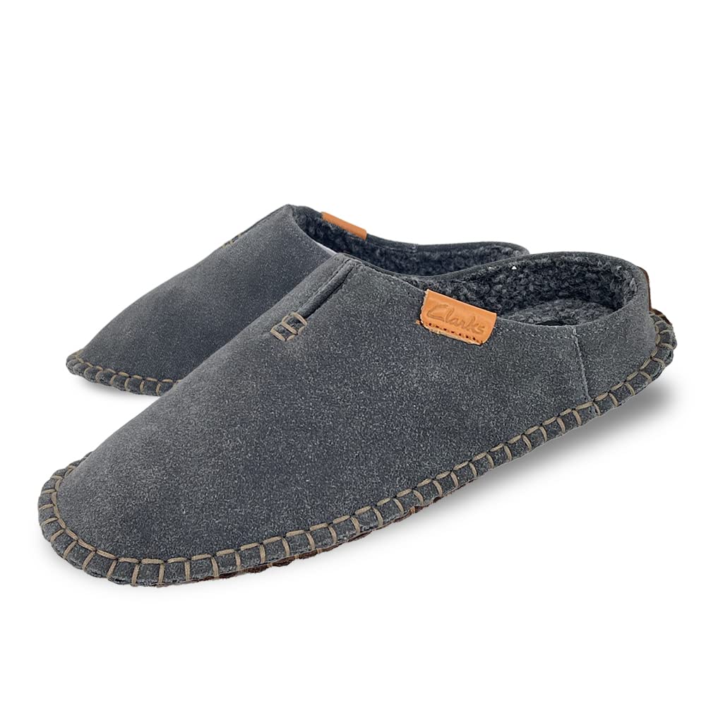 Clarks Mens Open Back Suede Leather Slipper With Heavy Stitching - Plush Sherpa Lining - Indoor Outdoor House Slippers For Men (10 M US, Grey)