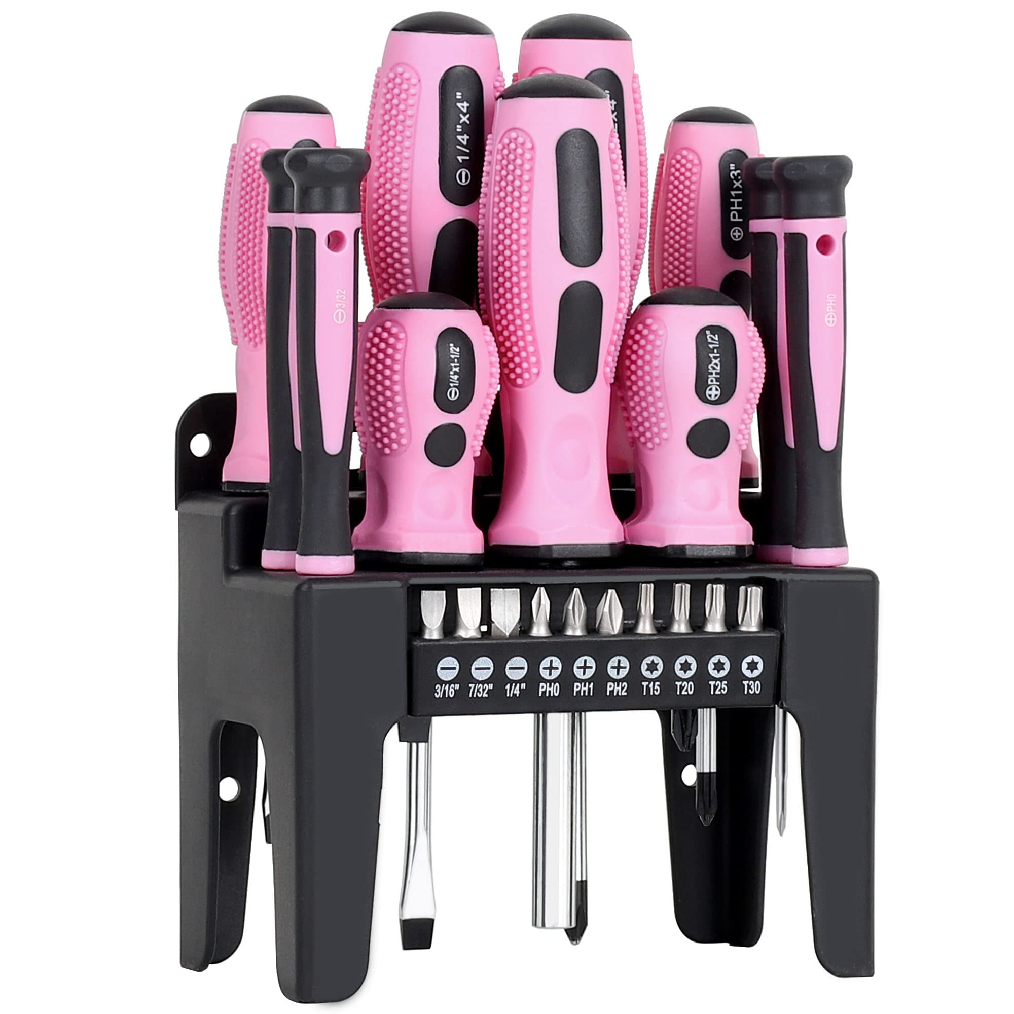 FASTPRO 21-Piece Magnetic Screwdrivers Set with Organizer Rack, Slotted Phillips Screwdrivers and Precision Screwdrivers, Repair Tool Kit for Women, Pink