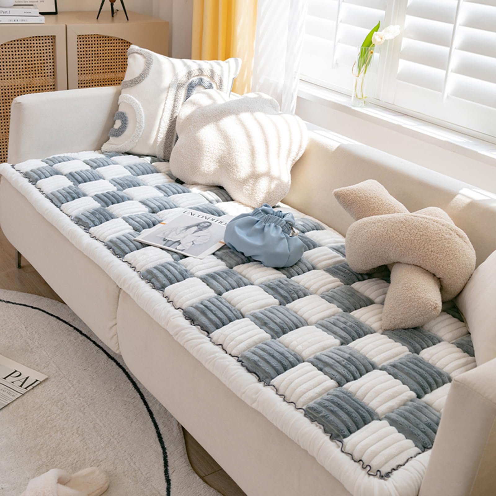 Funnyfuzzy Cream-Coloured Large Plaid Square Pet Mat Bed Couch Cover, Funny Fuzzy Protective Couch Cover Pet Blankets for Dogs Cats(Size:17.7 * 17.7 in,Color:Grey)