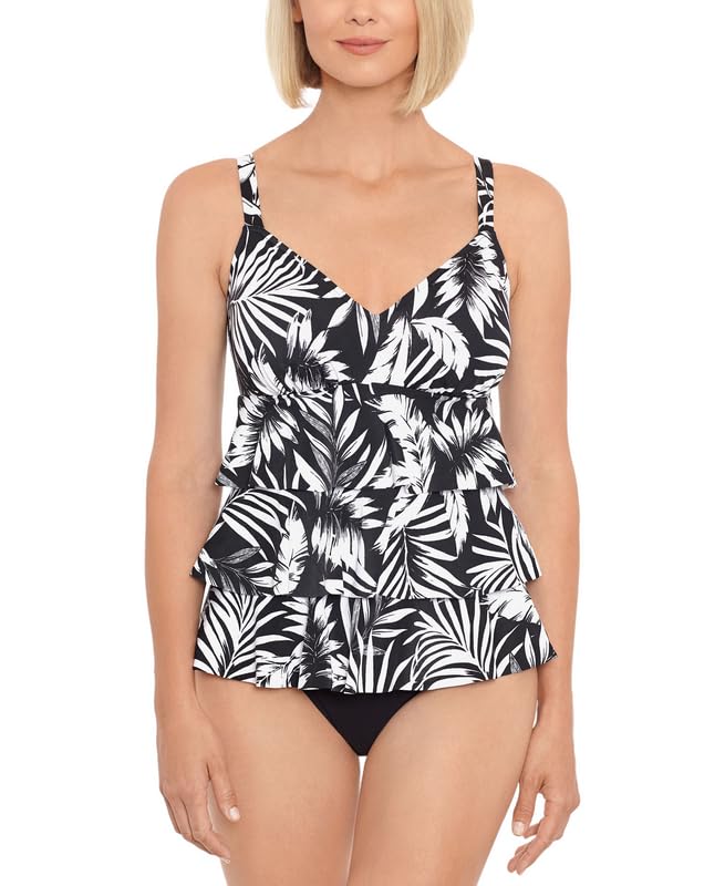 Swim Solutions Women's Triple-Tier Tummy-Control Fauxkini One-Piece Swimsuit (Black/White, 16)