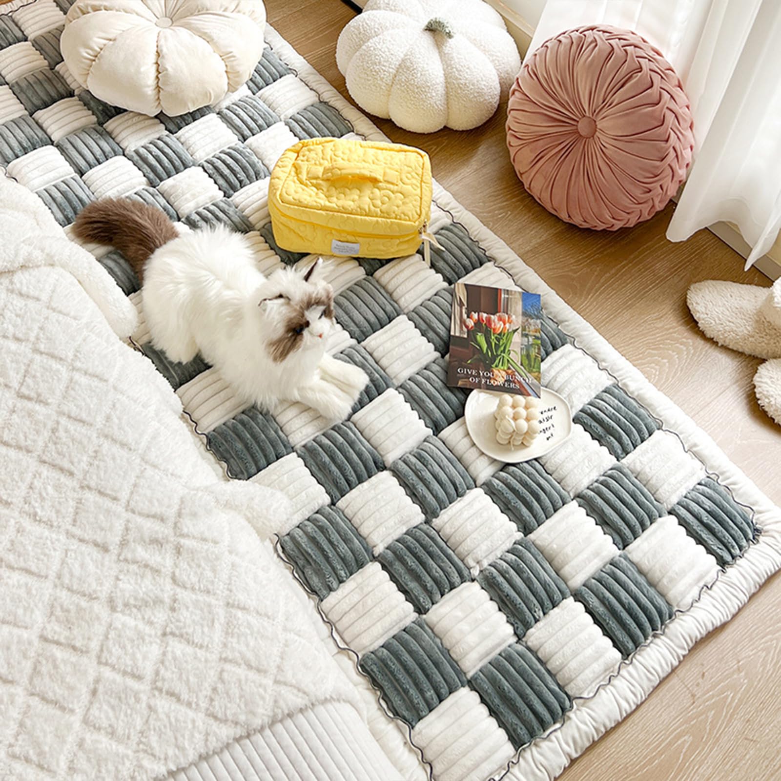 Funnyfuzzy Cream-Coloured Large Plaid Square Pet Mat Bed Couch Cover, Funny Fuzzy Protective Couch Cover Pet Blankets for Dogs Cats(Size:17.7 * 17.7 in,Color:Grey)