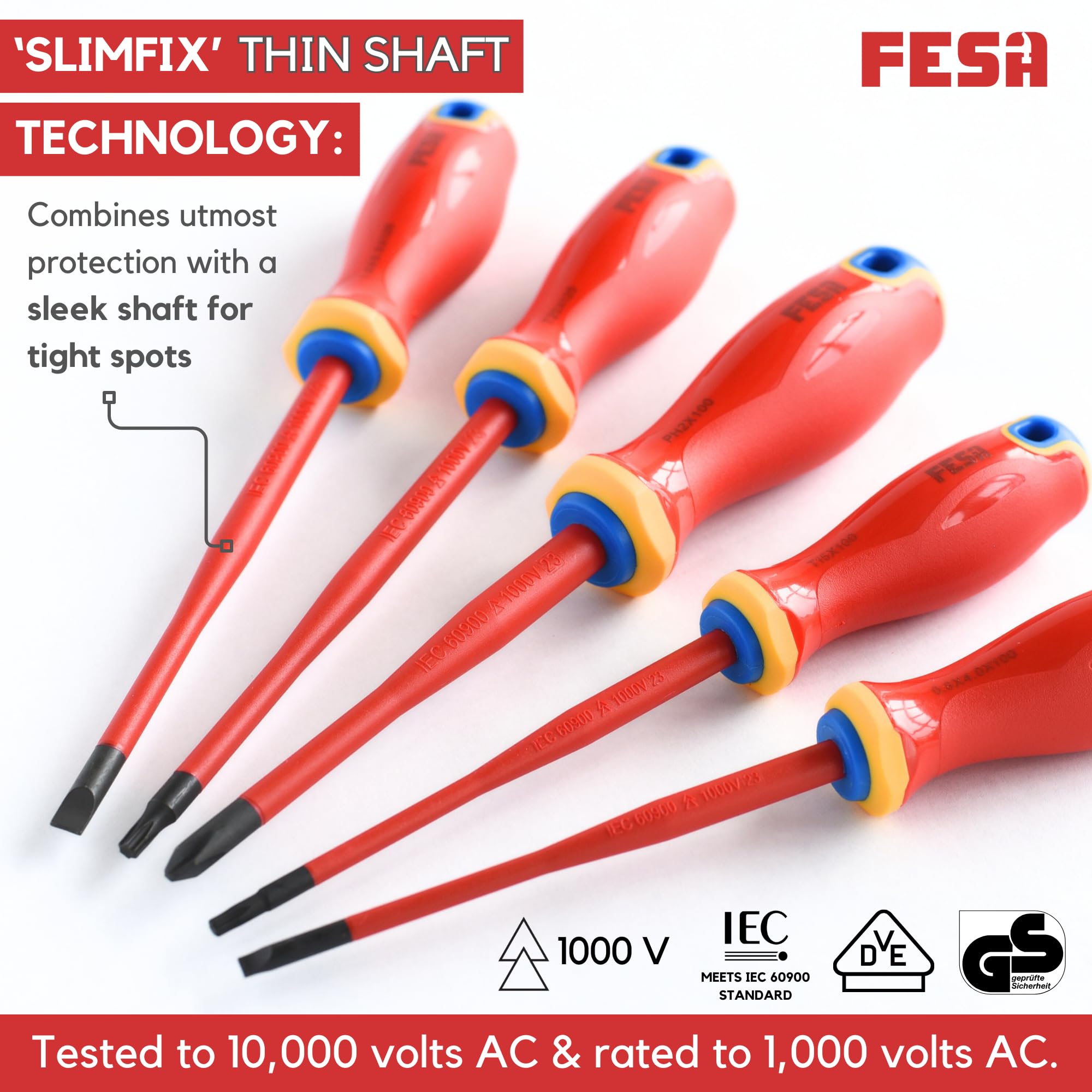 FESA Electrician Insulated Screwdriver Set - 1000V 11-Piece Professional Electrician Screwdriver Set with Magnetic S2 Steel Tips - Pozidriv, Phillips, Flathead or Slotted & Torx - Insulated Tools