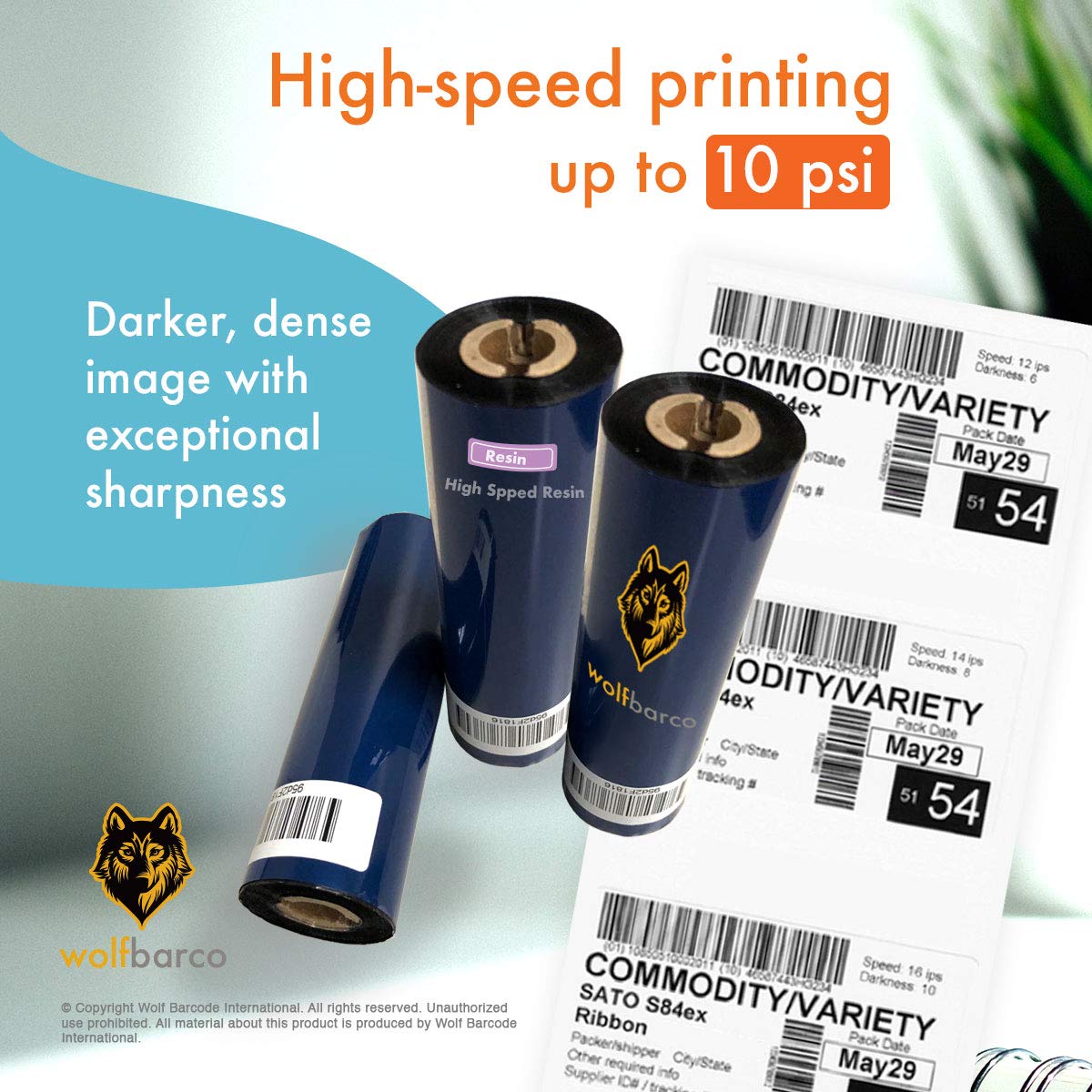 12 Rolls Wolfbarco 4.33" x 984' (110m x 300m) Black Standard Full Resin Thermal Transfer Ribbon Compatible with Zebra,TEC, INTERMEC,Citizen,TSC,GODEX,ARGOX Printers