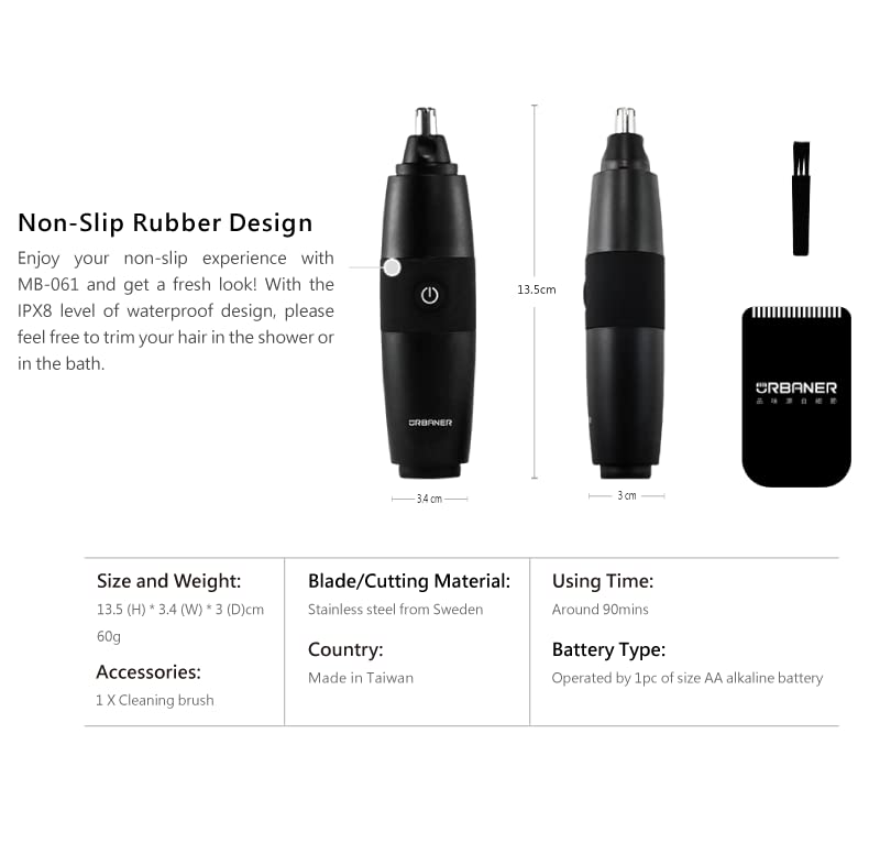 URBANER Battery powered Rotary Ear and Nose Hair Electric Trimmer, Cordless Washable Shaver for Men, Waterproof, Portable, Water Resistant Clipper, MB-061