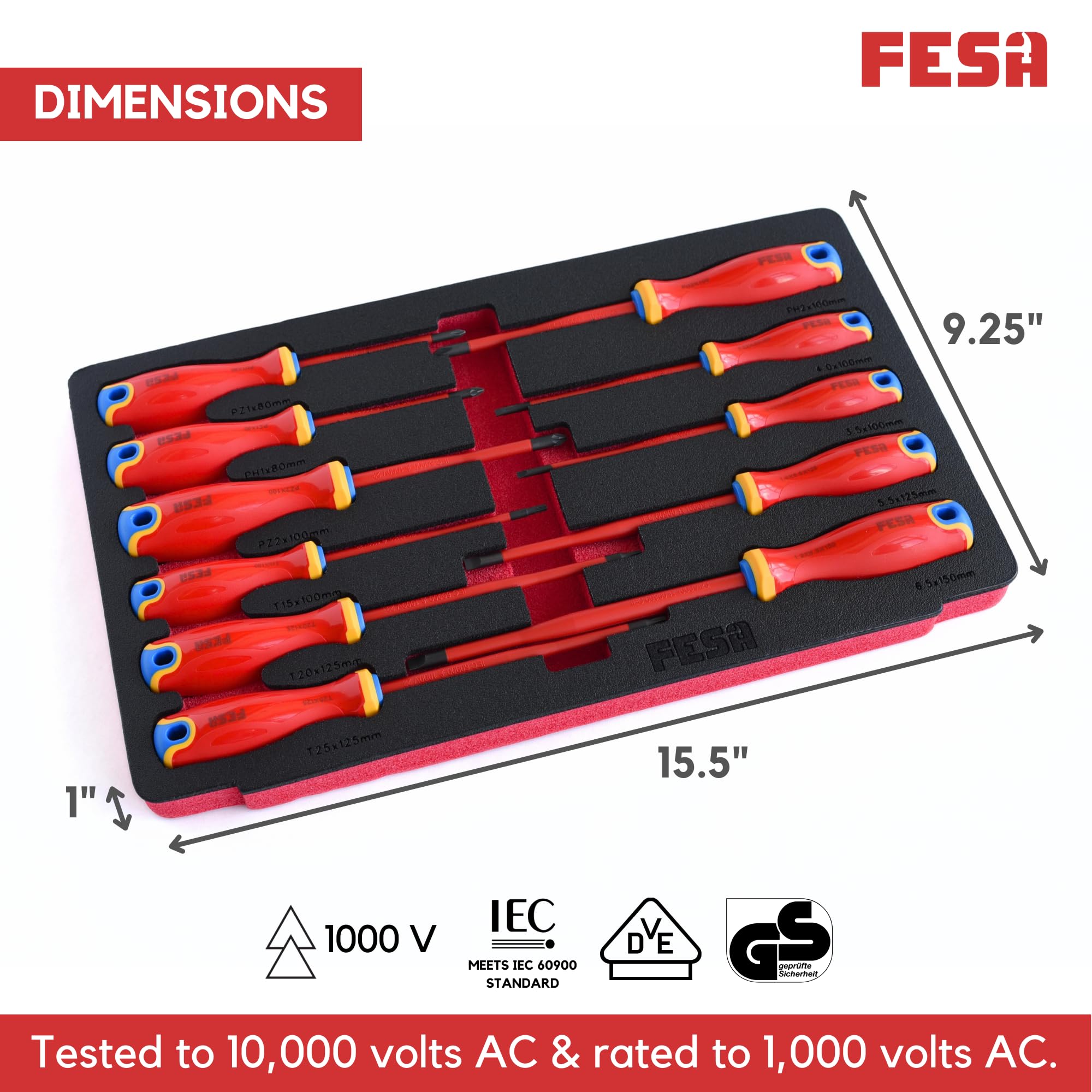 FESA Electrician Insulated Screwdriver Set - 1000V 11-Piece Professional Electrician Screwdriver Set with Magnetic S2 Steel Tips - Pozidriv, Phillips, Flathead or Slotted & Torx - Insulated Tools